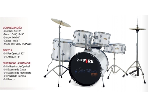 BATERIA PRO FIRE 2 TONS BUMBO 20 C/ BANCO E PRATOS BRANCA (FERRAGEM CROMADA) - BATERIA PRO FIRE ...