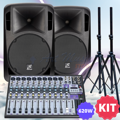 KIT 2 STUDIOMASTER DRIVE 15AU ATIVAS + MESA 14 CANAIS + 2 TRIPÉS - STUDIOMASTER